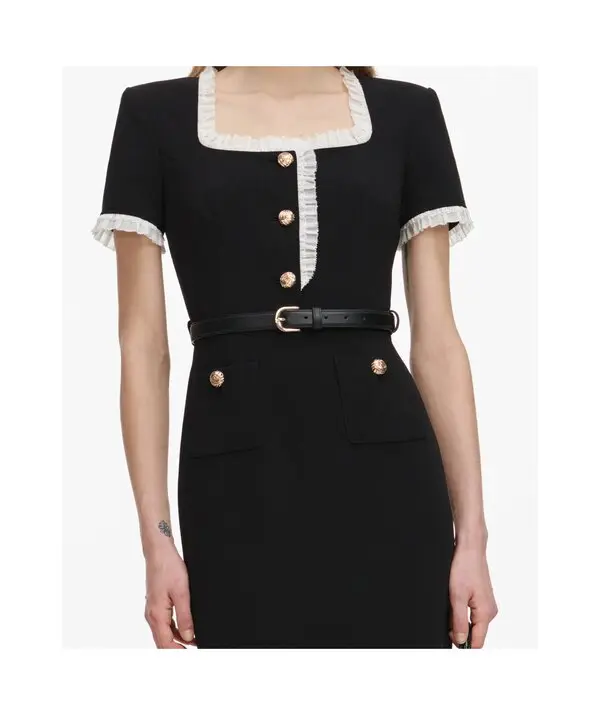 SELF-PORTRAIT Belted Midi Dress With Frill Trim