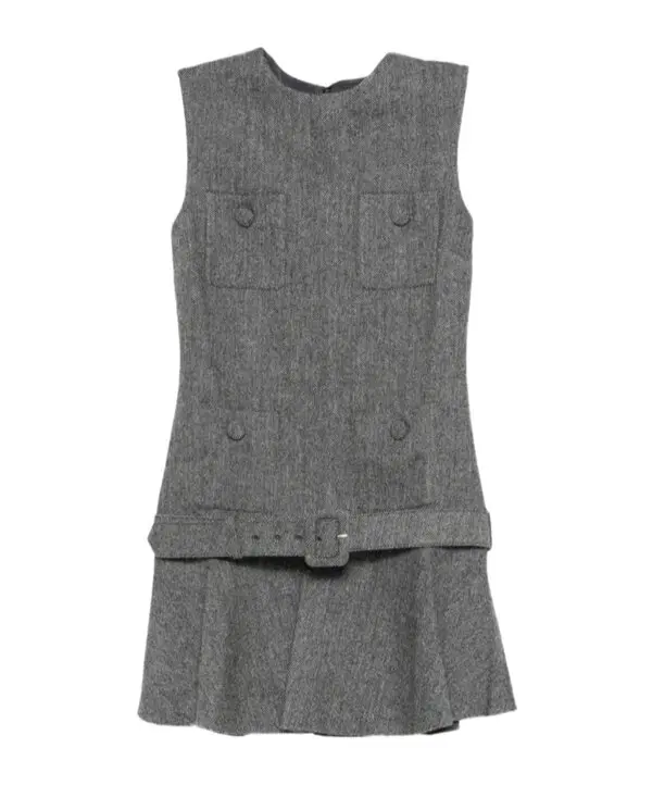 SELF-PORTRAIT Sleeveless Herringbone Belted Dress With Patch Pockets