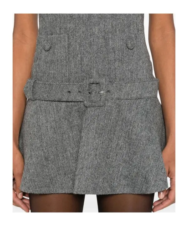 SELF-PORTRAIT Sleeveless Herringbone Belted Dress With Patch Pockets