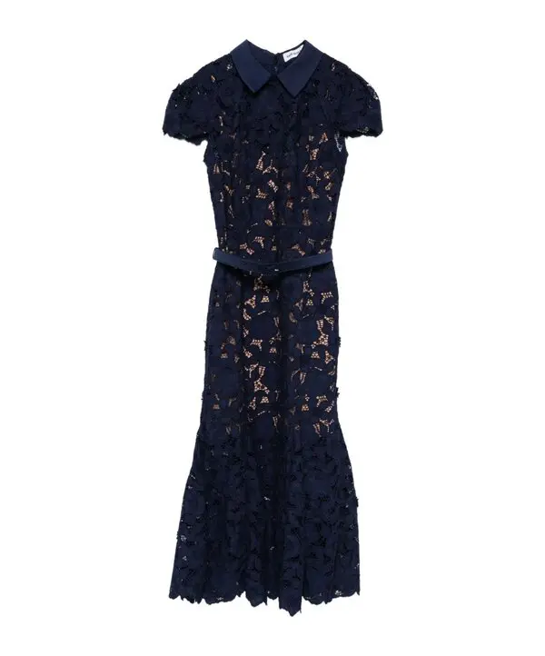 SELF-PORTRAIT Guipure Lace Midi Dress With Revere Collar - Navy