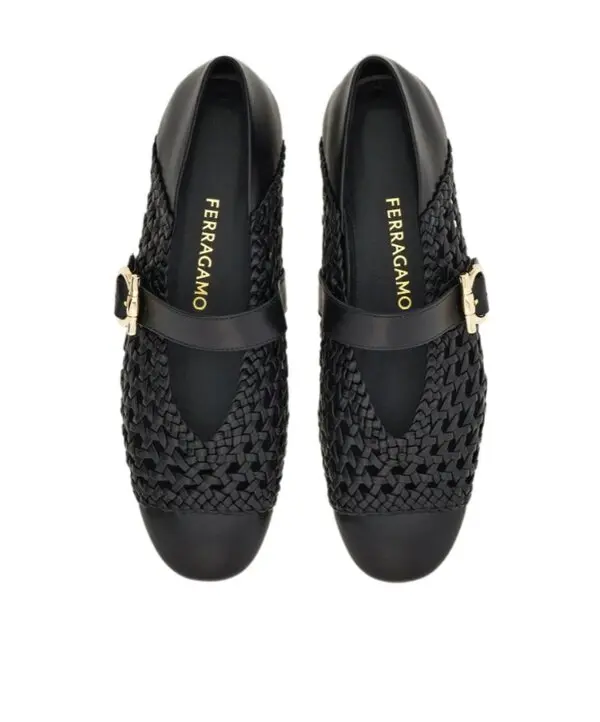 FERRAGAMO Gancini Buckle Woven Ballet Flat - Black