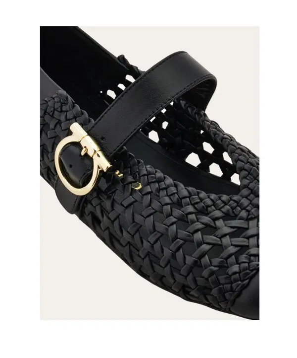 FERRAGAMO Gancini Buckle Woven Ballet Flat - Black