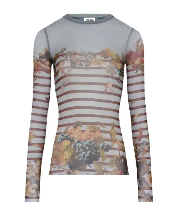 JEAN PAUL GAULTIER Striped Floral Print Mesh Top - Gray