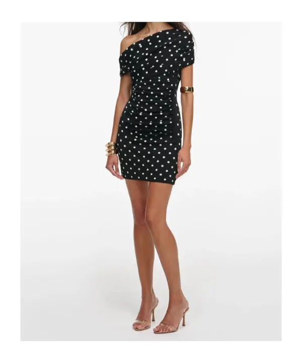 SELF-PORTRAIT Polka Dot Asymmetrical Neckline Ruched Mini Dress - Black
