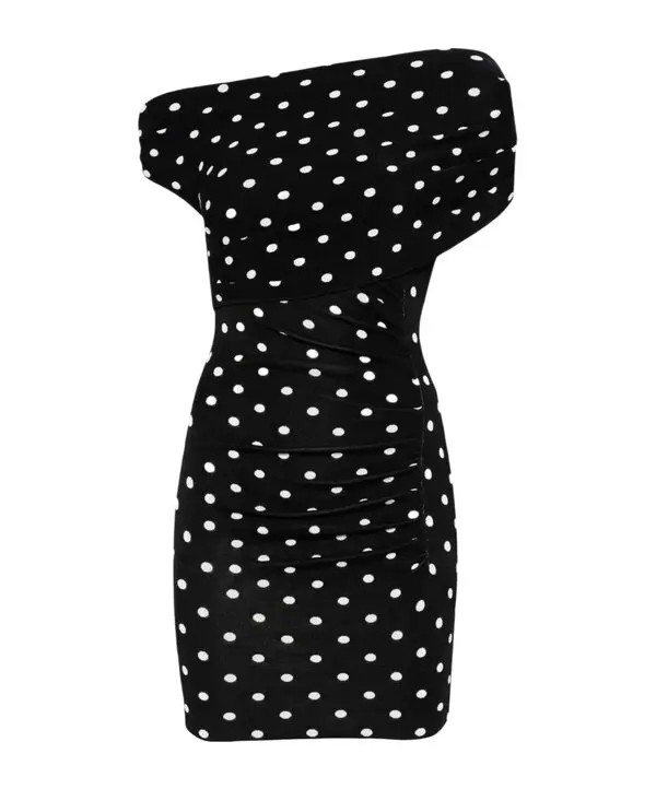 SELF-PORTRAIT Polka Dot Asymmetrical Neckline Ruched Mini Dress - Black