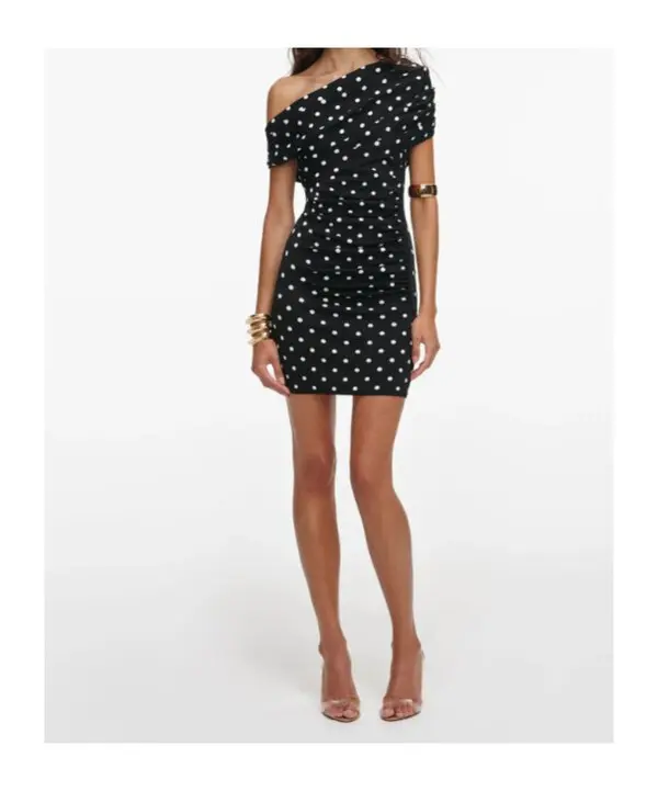 SELF-PORTRAIT Polka Dot Asymmetrical Neckline Ruched Mini Dress