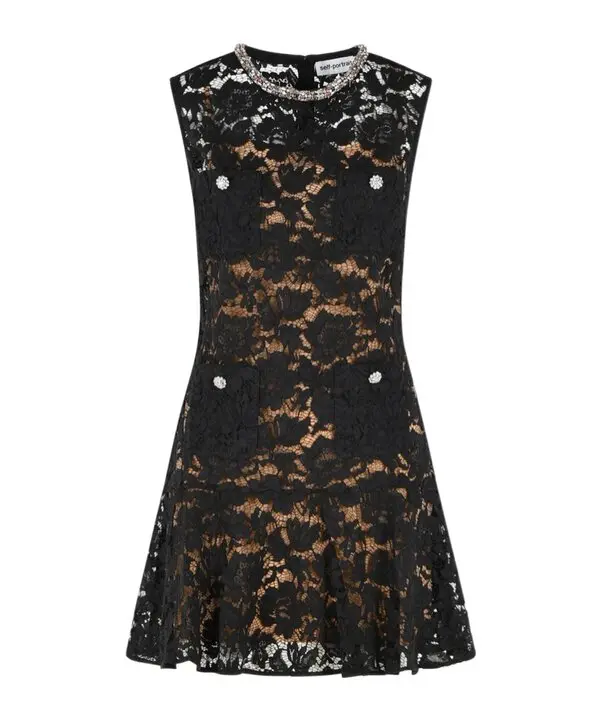 SELF-PORTRAIT Embellished-trim Lace Mini Dress