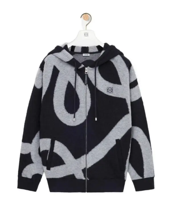 Loewe Zip-up Hoodie In Wool And Cotton - Navy Blue/gray