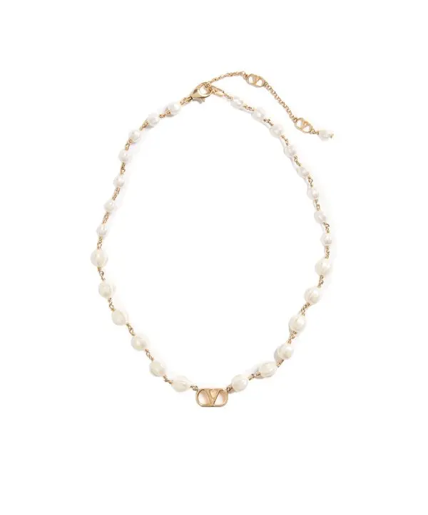 Valentino Garavani Vlogo Signature Necklace In Metal And Glass Beads - White