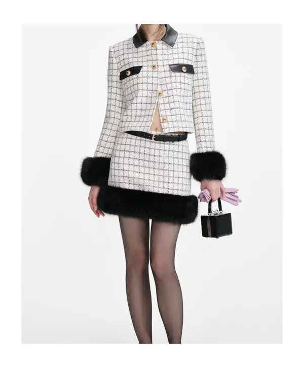 SELF-PORTRAIT Checked Faux Fur Cuff Jacket
