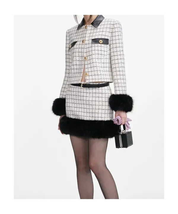 SELF-PORTRAIT Checked Faux Fur Cuff Jacket