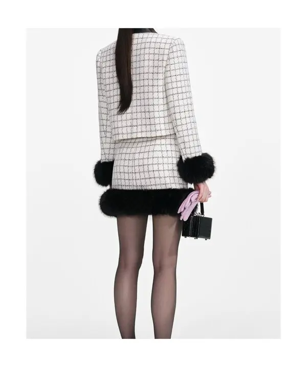 SELF-PORTRAIT Checked Faux Fur Cuff Jacket