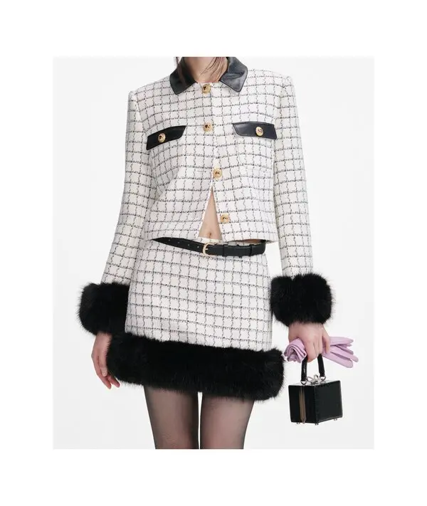 SELF-PORTRAIT Checked Faux Fur Cuff Jacket