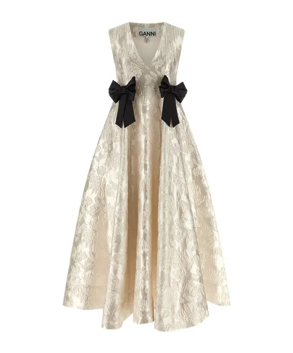 GANNI Satin Cloque Long Dress With Bow Appliqu - White