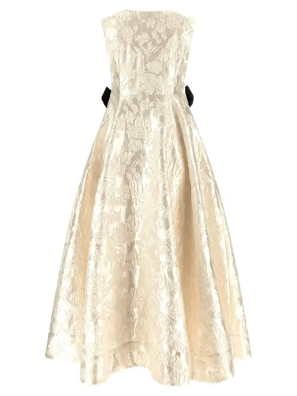 GANNI Satin Cloque Long Dress With Bow Appliqu - White