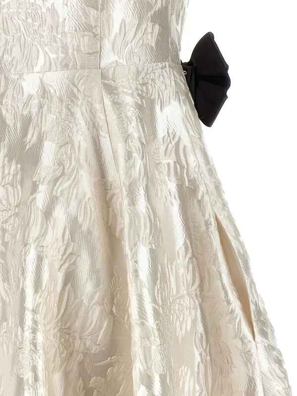 GANNI Satin Cloque Long Dress With Bow Appliqu - White