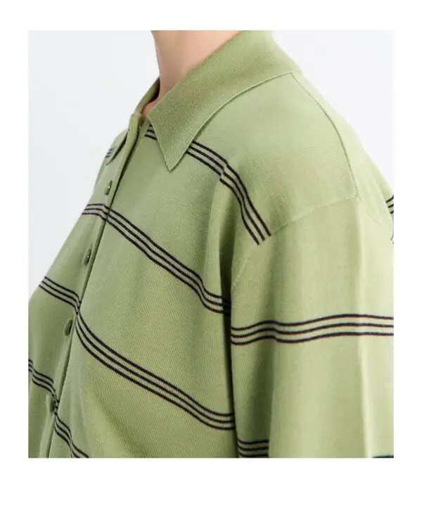 Dries Van Noten Striped Knit Polo Shirt - Olive Green