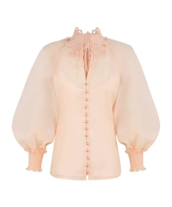 Zimmermann Rebellion Collared Blouse With Lace Trim And Billow Sleeves - Peach
