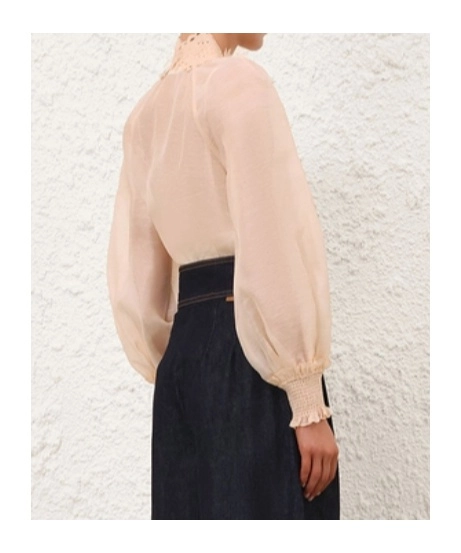 Zimmermann Rebellion Collared Blouse With Lace Trim And Billow Sleeves - Peach