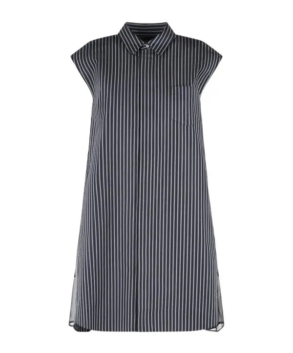 Sacai Striped Pleated Shirt Dress - Navy