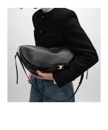 Celine Halfmoon Soft Triomphe Bag In Supple Shiny Lambskin - Black
