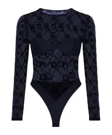 MARINE SERRE Monogram Mesh Flocked Bodysuit Top - Black