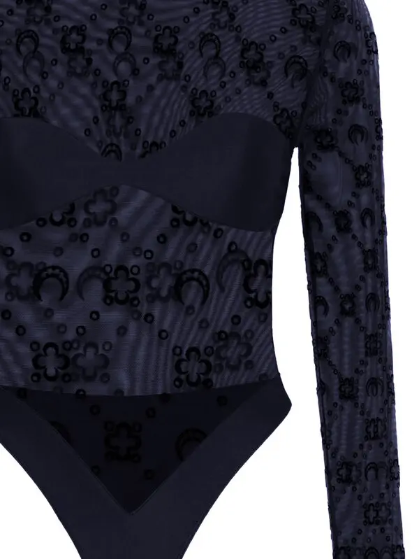 MARINE SERRE Monogram Mesh Flocked Bodysuit Top - Black