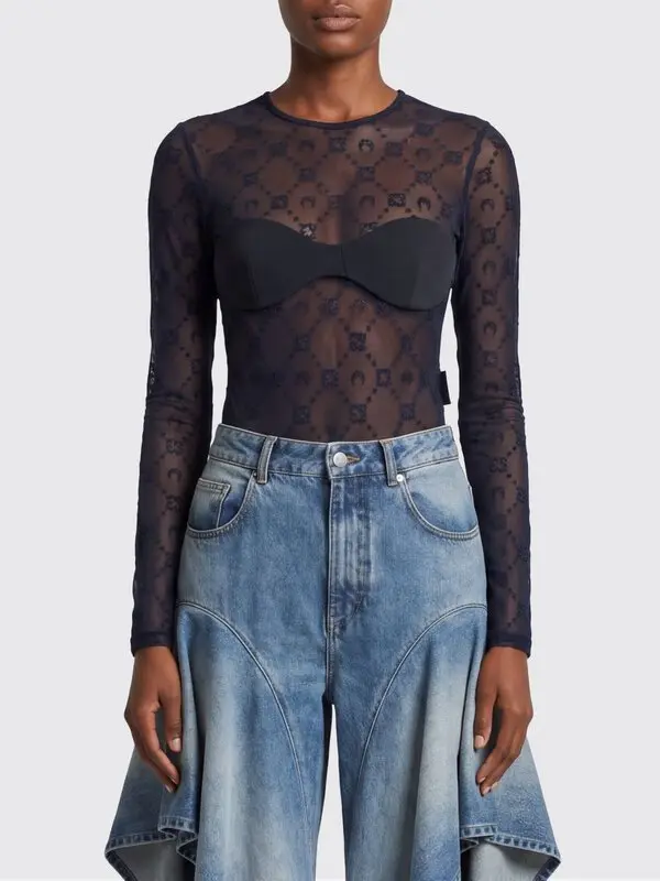MARINE SERRE Monogram Mesh Flocked Bodysuit Top - Black