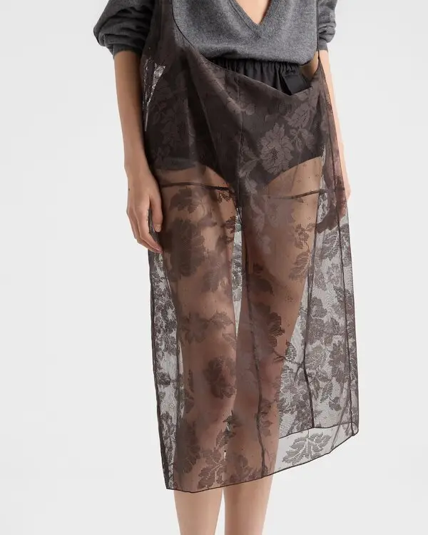 Prada Chantilly Lace Midi Skirt With Suspender Straps - Ebony