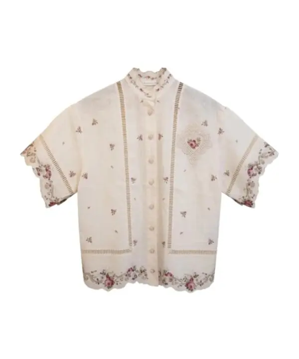 Zimmermann Patience Short Sleeve Shirt With Heart Button Detail - Cream/pink Rose