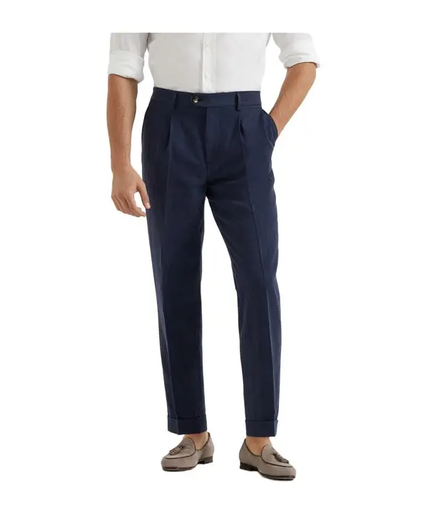 Brunello Cucinelli Linen Pleated Hem Trousers - Navy Blue