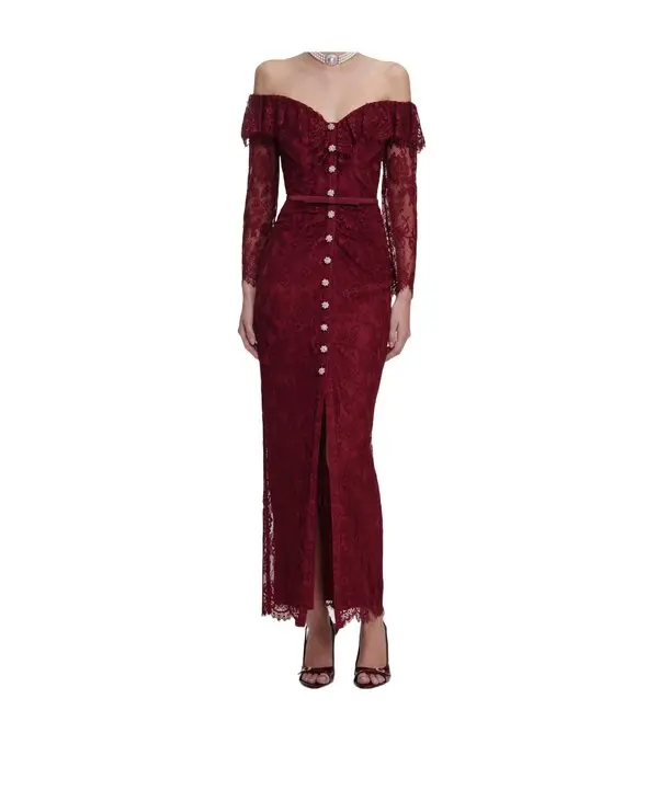SELF-PORTRAIT Off Shoulder Gathered Lace Maxi Dress - Wine Red