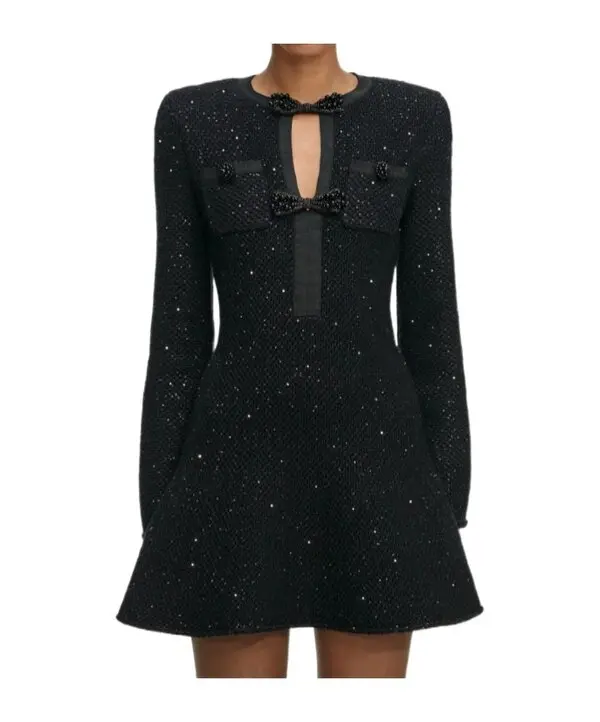 SELF-PORTRAIT Sequin Embellished Bow Knit Mini Dress