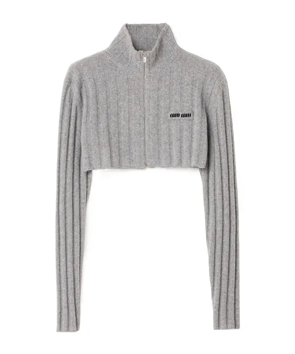 Miu Miu Cropped Wool And Cashmere Ribbed Zip-up Cardigan - Grey