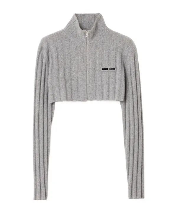 Miu Miu Cropped Wool And Cashmere Ribbed Zip-up Cardigan - Grey