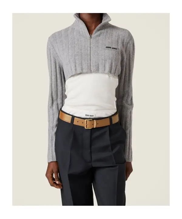Miu Miu Cropped Wool And Cashmere Ribbed Zip-up Cardigan - Grey