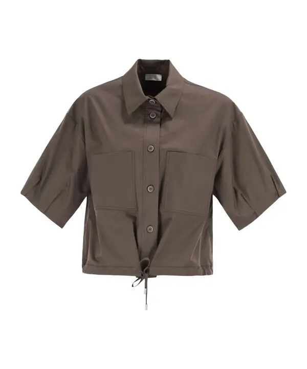 Peserico Cropped Stretch Sateen Shirt With Drawstring Hem - Brown