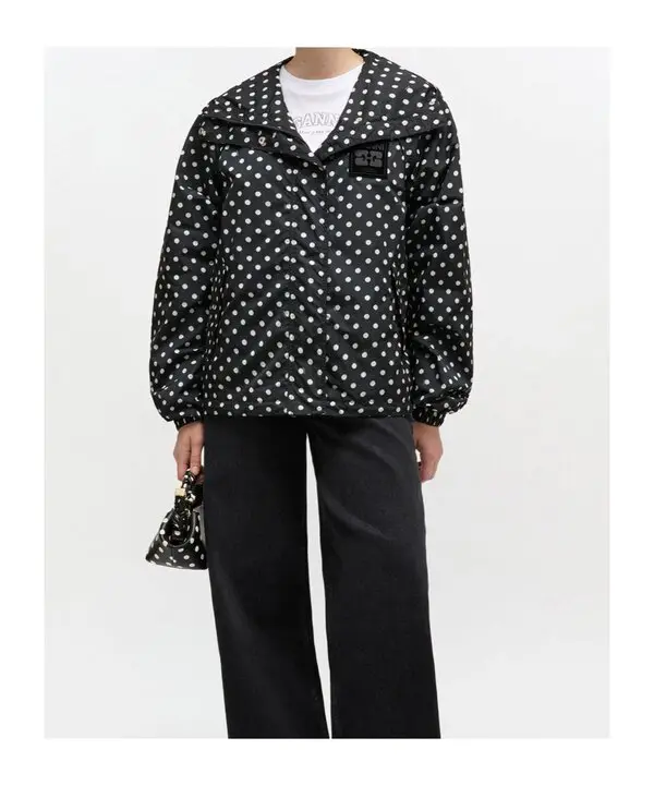 GANNI Polka Dot Hooded Zip-up Jacket - Black