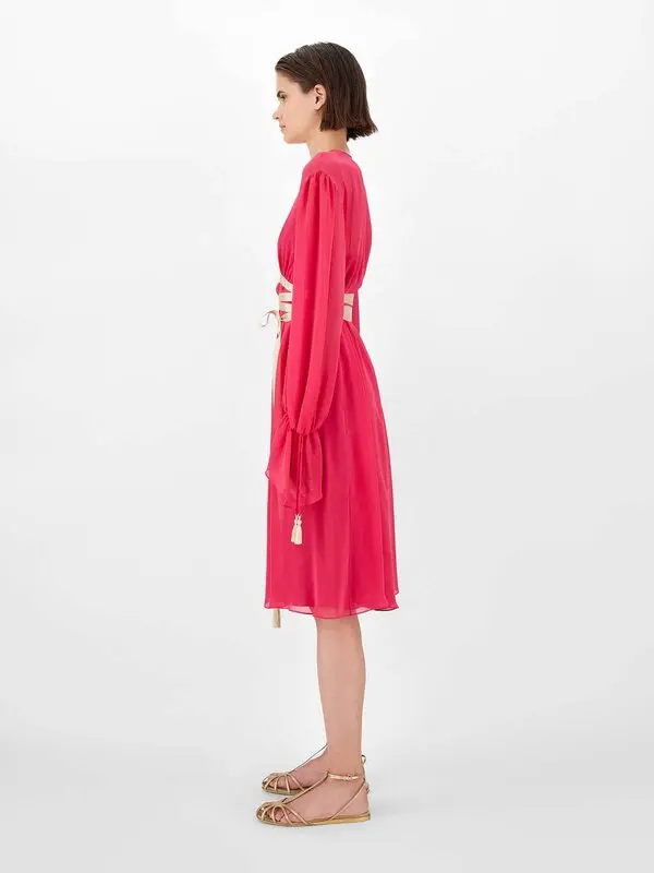 Max Mara V-neck Long-sleeve Dress With Bubble Sleeves And Belted Waist