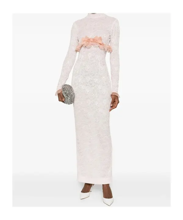 Alessandra Rich Long Sleeve Lace Dress With Bow And Ruffles - Pink