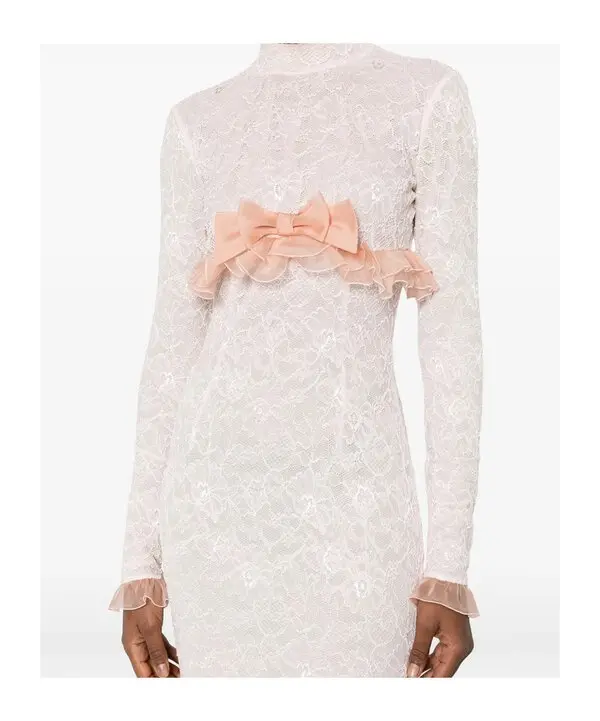 Alessandra Rich Long Sleeve Lace Dress With Bow And Ruffles - Pink