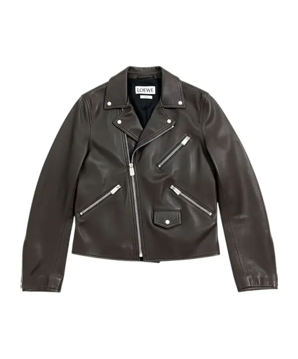 Loewe Leather Jacket, Brown, Nappa Leather Biker Jacket In Oxblood - Black