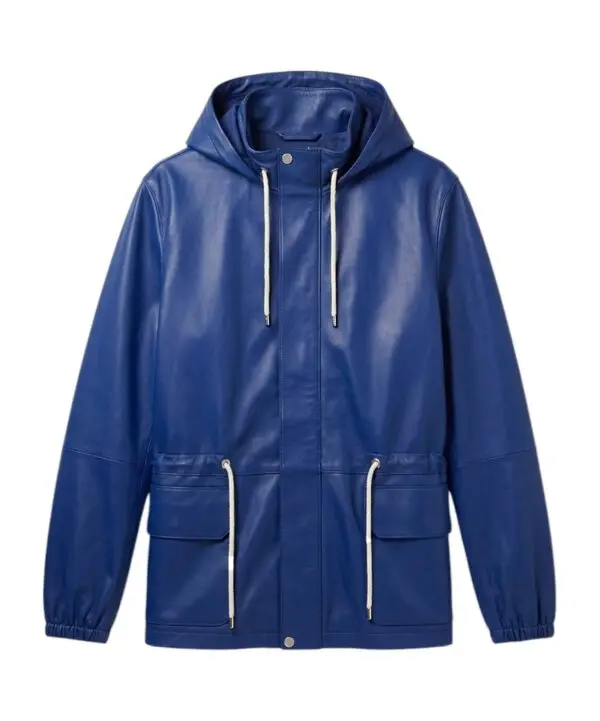 Loewe Long-sleeved Leather Jacket With Hood - Navy Blue