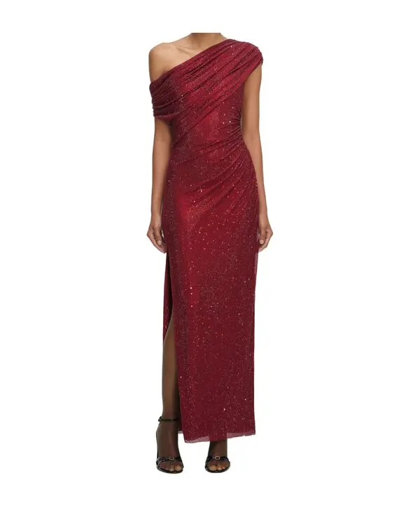 SELF-PORTRAIT Embellished Asymmetrical Drape Midi Dress - Burgundy