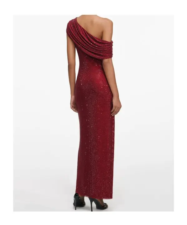 SELF-PORTRAIT Embellished Asymmetrical Drape Midi Dress