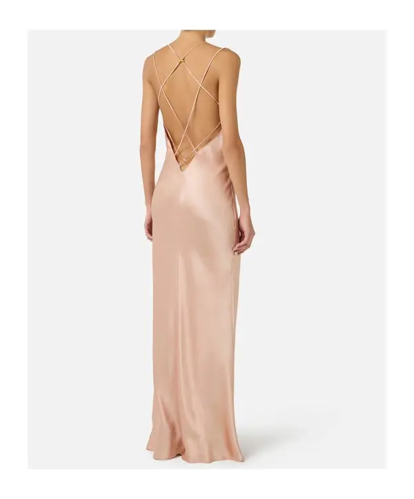 Elisabetta Franchi Red Carpet Satin Maxi Dress With Tubular Straps And Logo Detail