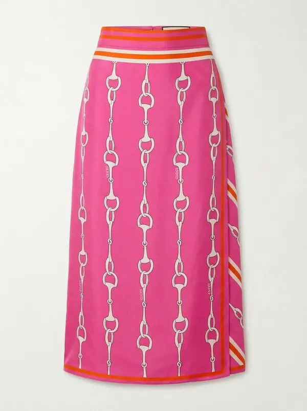 Gucci Horsebit Print Silk Wrap Skirt