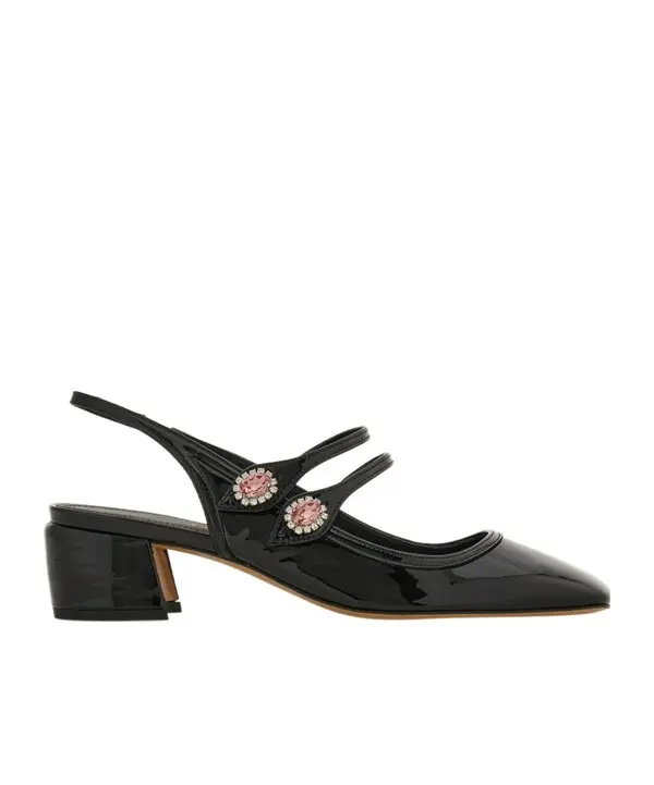 FERRAGAMO Patent Leather Mary Jane Slingback With Crystal Embellishments