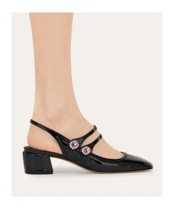 FERRAGAMO Patent Leather Mary Jane Slingback With Crystal Embellishments