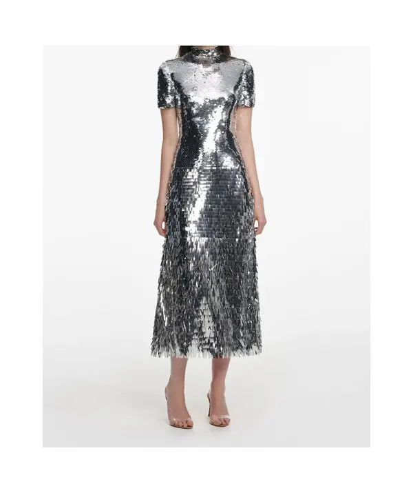 SELF-PORTRAIT Sequin Embellished High Neck Midi Dress
